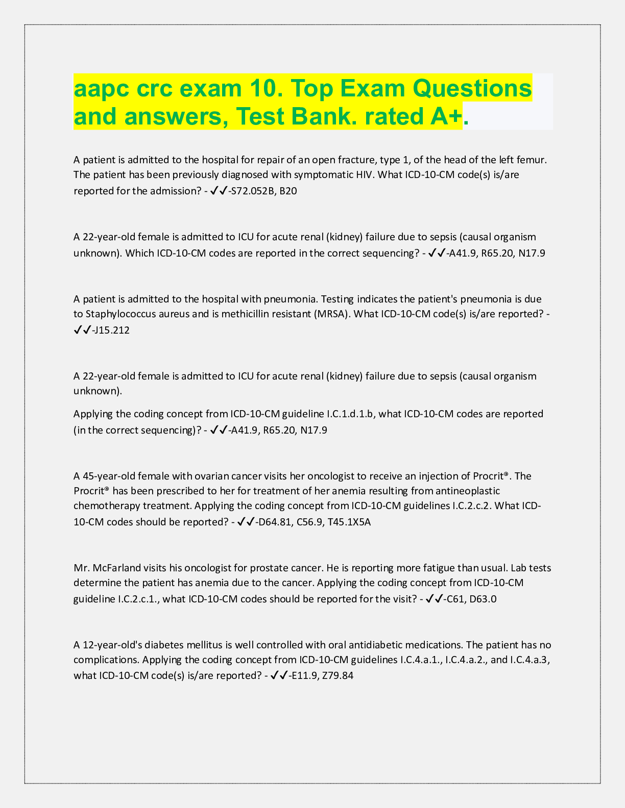 AAPC CRC exam 10. Top Questions and answers, 100% Accurate, rated A+ - Scholarfriends